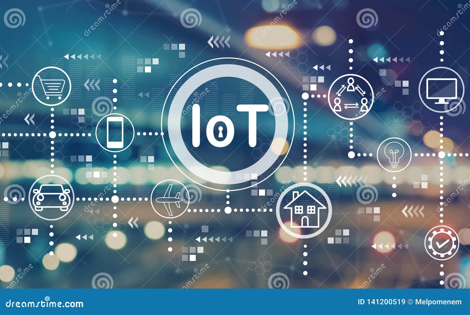 IoT Theme with Blurred City Lights Stock Illustration - Illustration of ...