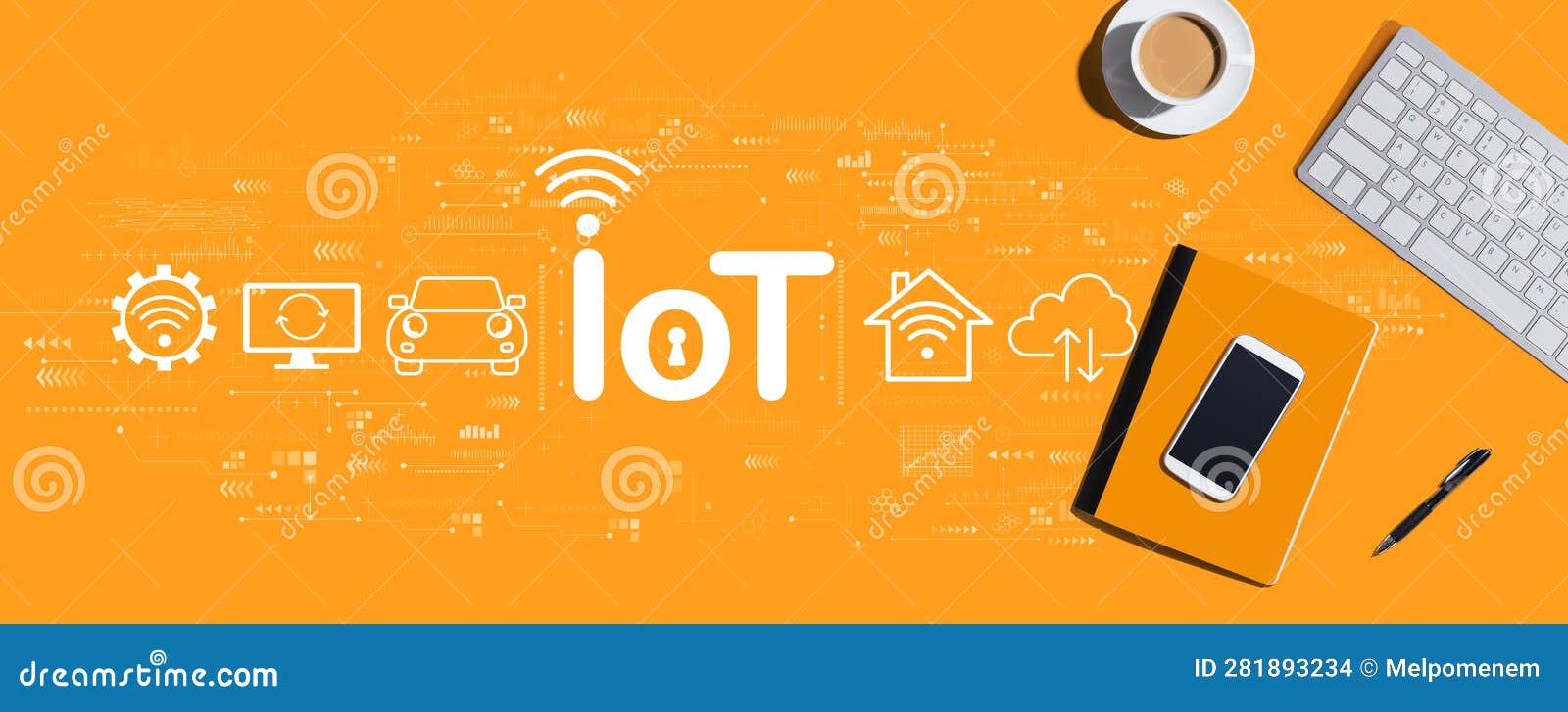 IoT Theme with Computer Keyboard and Office Items Stock Illustration ...