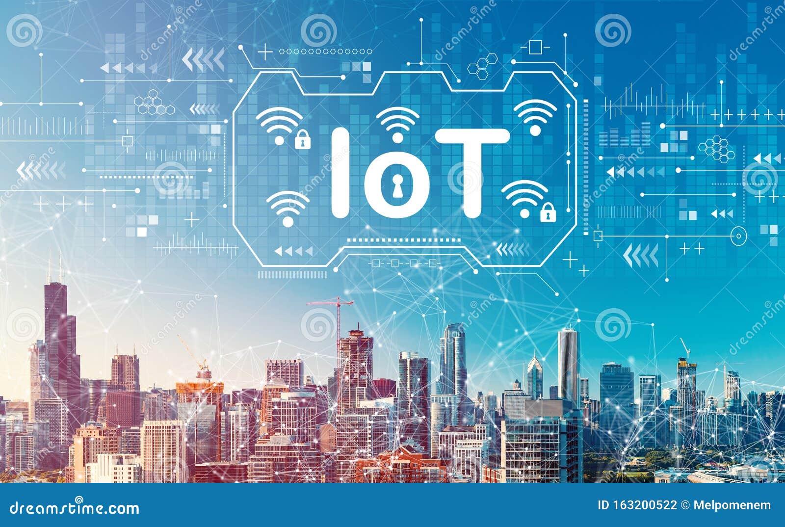 IoT Theme with Downtown Chicago Cityscape Stock Illustration ...