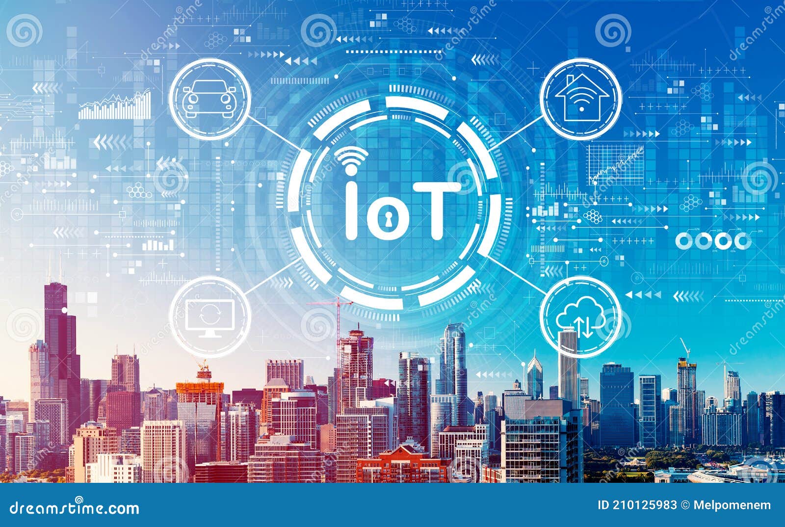 IoT Theme with Downtown Chicago Cityscape Stock Illustration ...