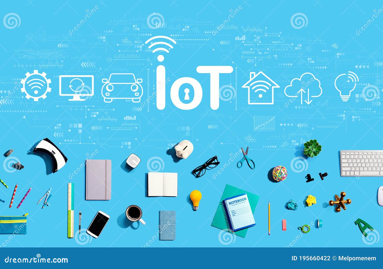 IoT Theme with Electronic Gadgets and Office Supplies Stock Photo ...