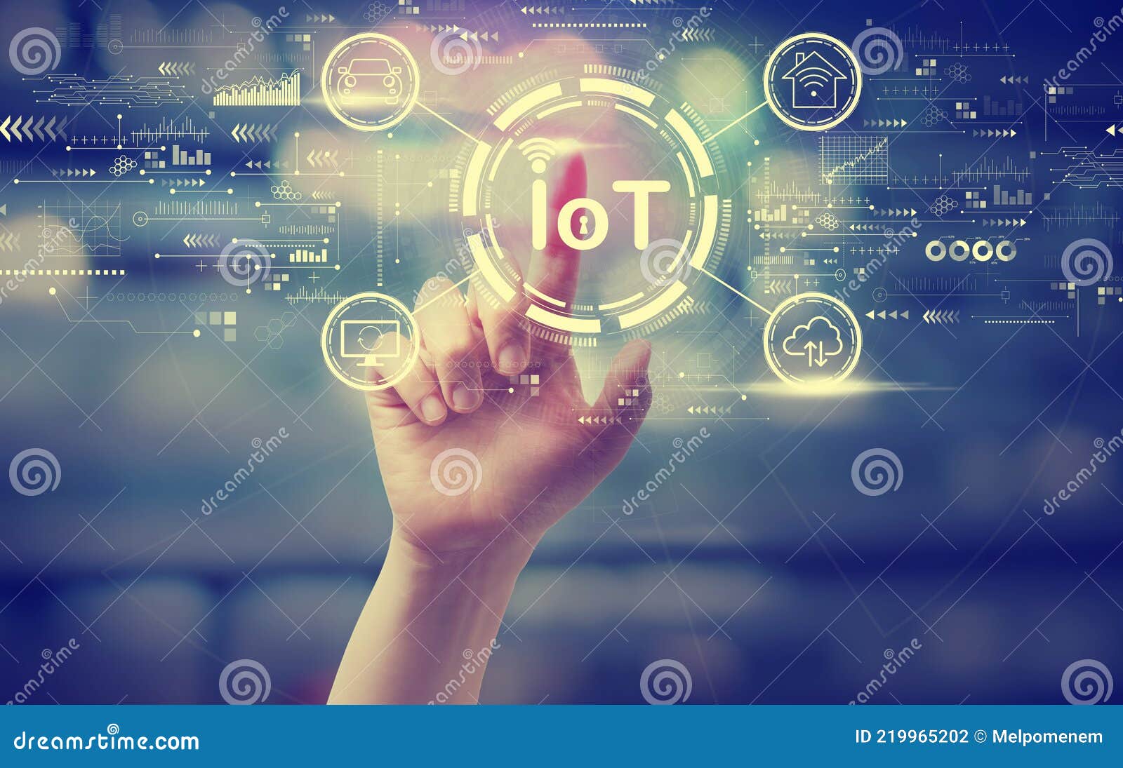 IoT Theme with a Hand Pressing a Button Stock Photo - Image of icons ...