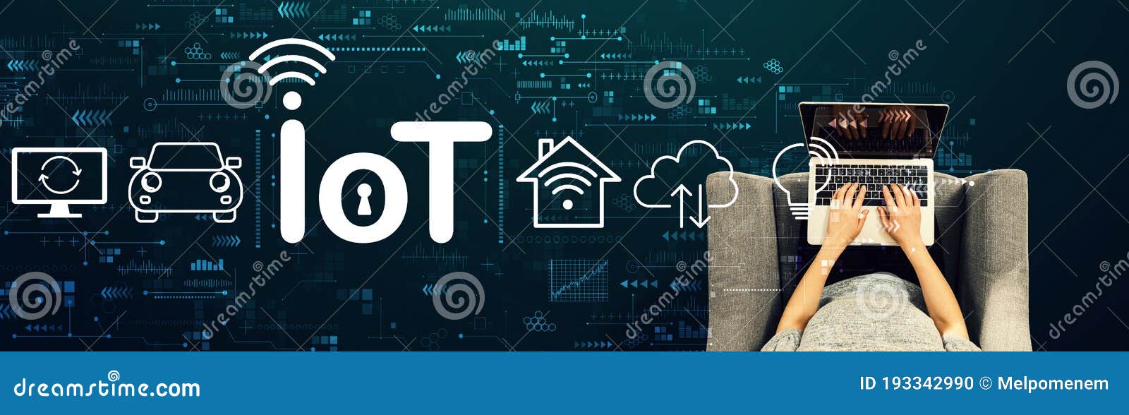 IoT Theme with Person Using a Laptop Stock Photo - Image of cloud ...
