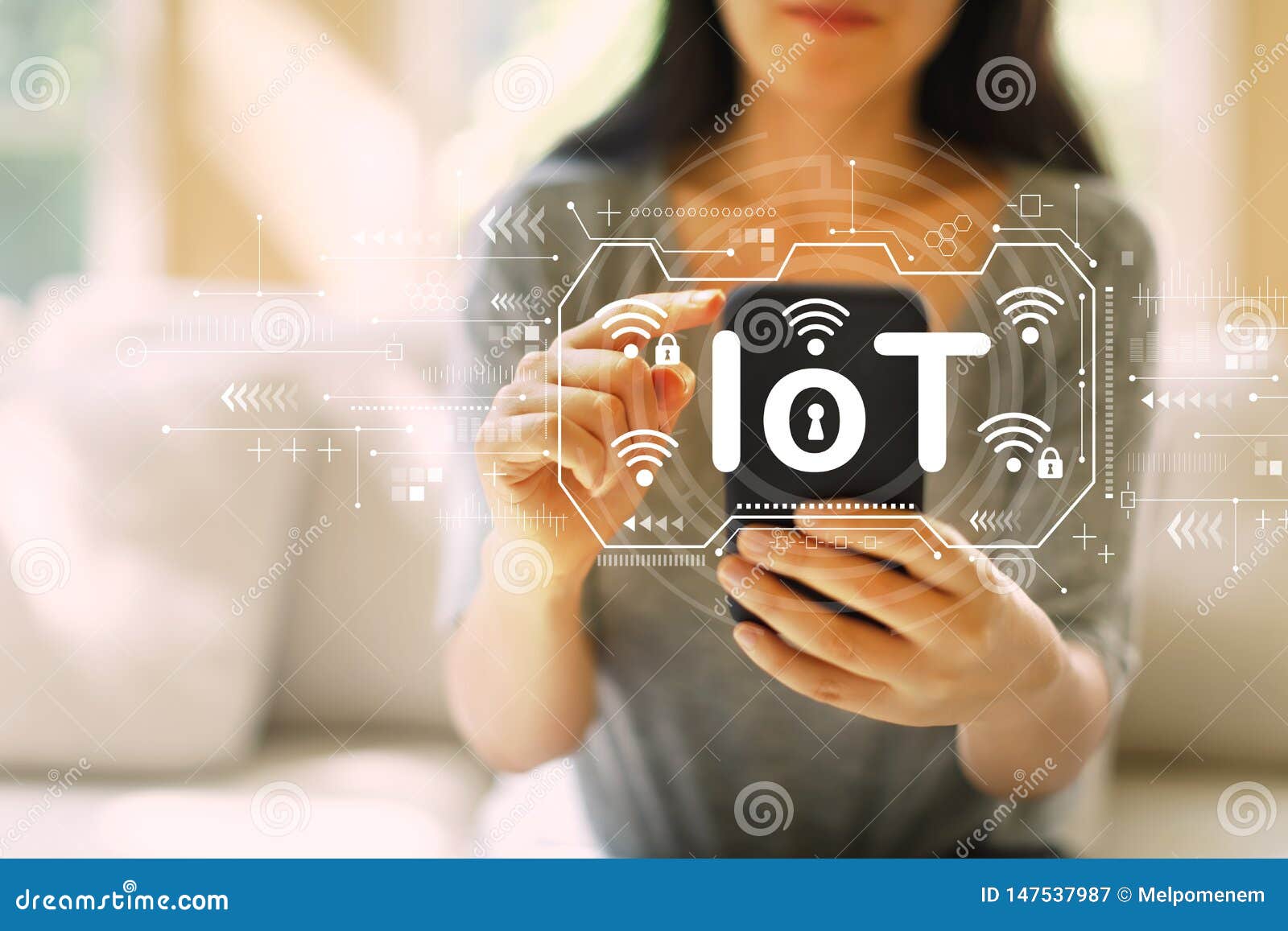 IoT Theme with Woman Using a Smartphone Stock Image - Image of room ...