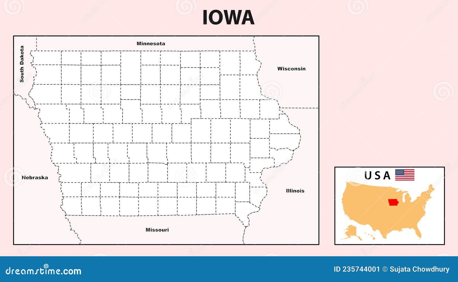 Iowa Map. Political Map Of Iowa With Boundaries In Outline Cartoon ...