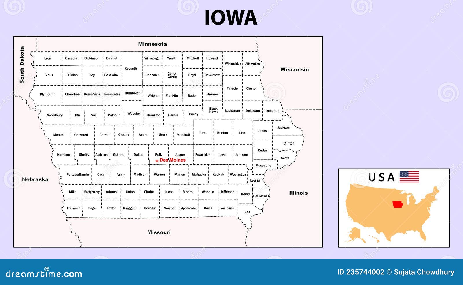 Iowa Map. Political Map of Iowa with Boundaries in White Color Stock ...