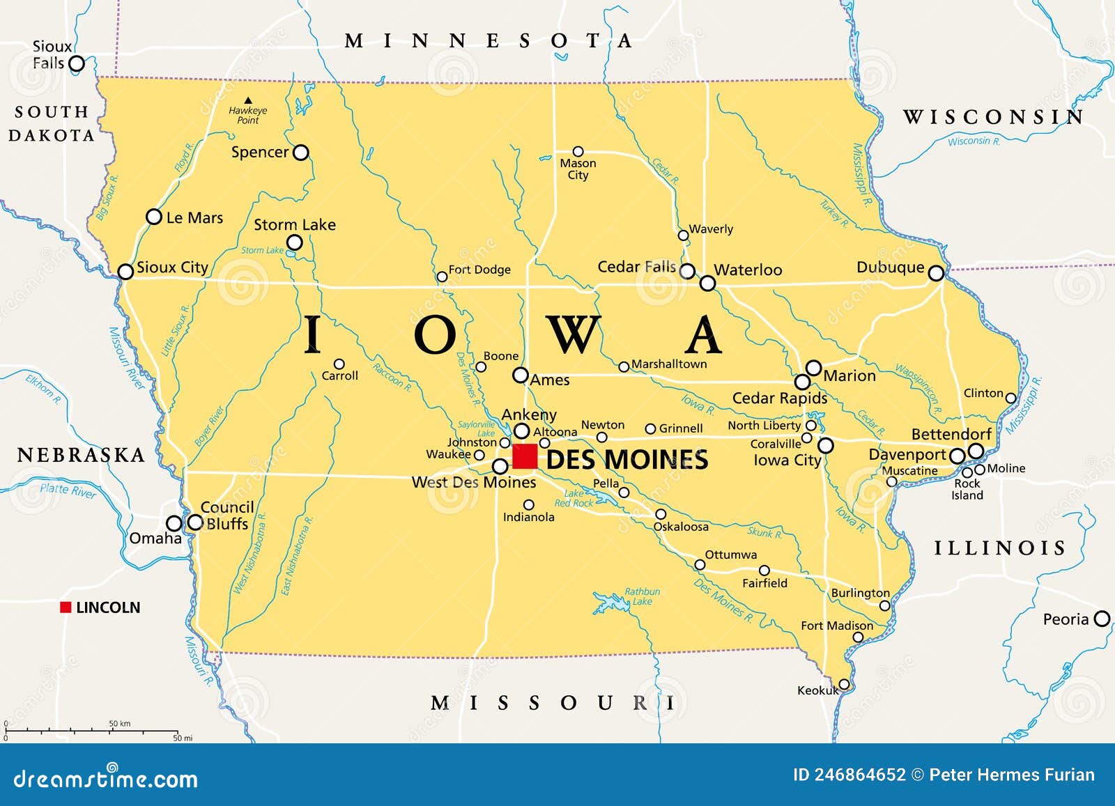 Iowa, IA, Political Map, US State, Nicknamed the Hawkeye State Stock ...