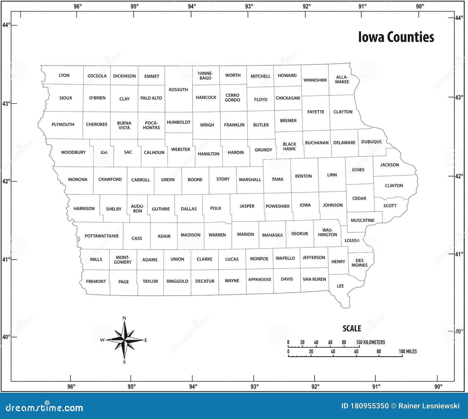 Iowa State Outline Administrative and Political Vector Map in Black and ...