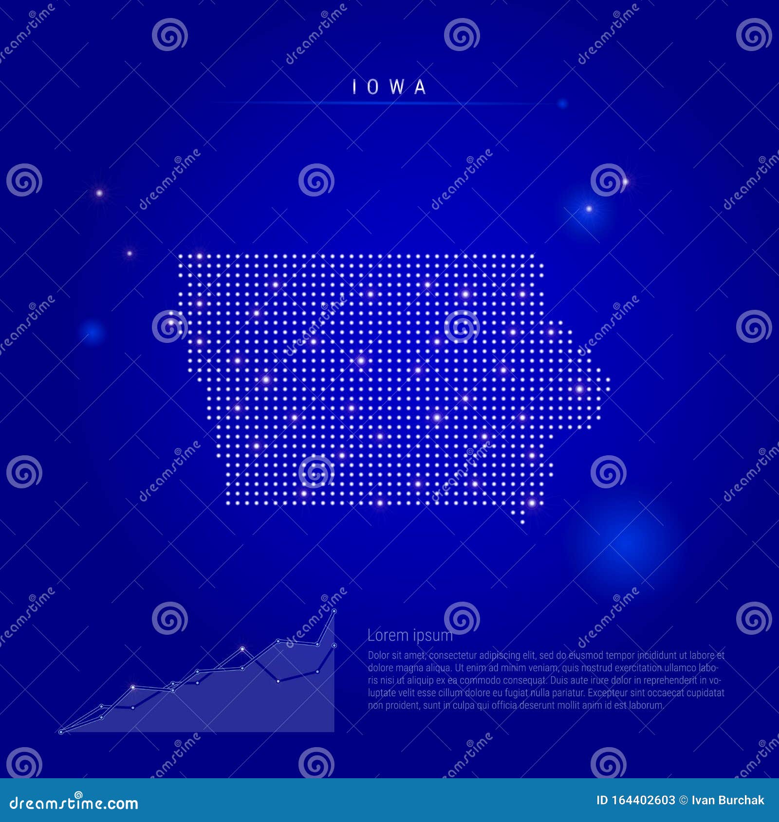Iowa US State Illuminated Map with Glowing Dots. Dark Blue Space ...