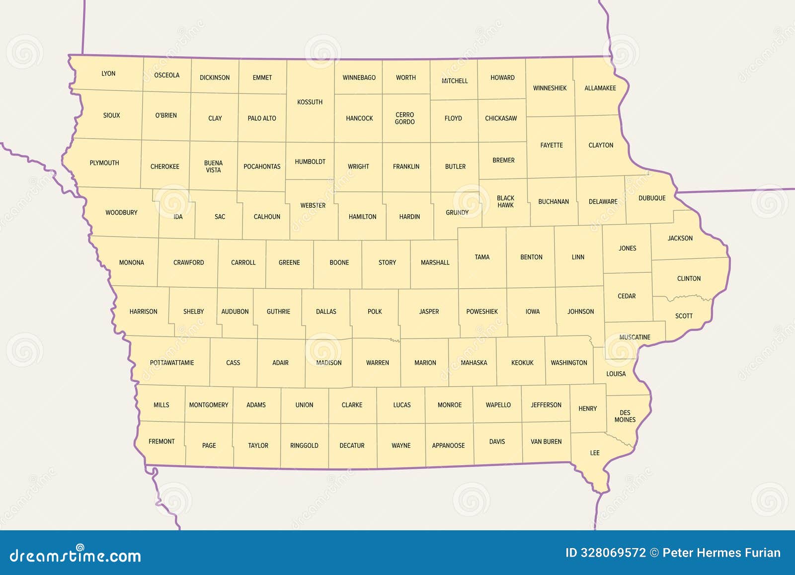 Iowa, U.S. State Subdivided into 99 Counties, Political Map Stock ...