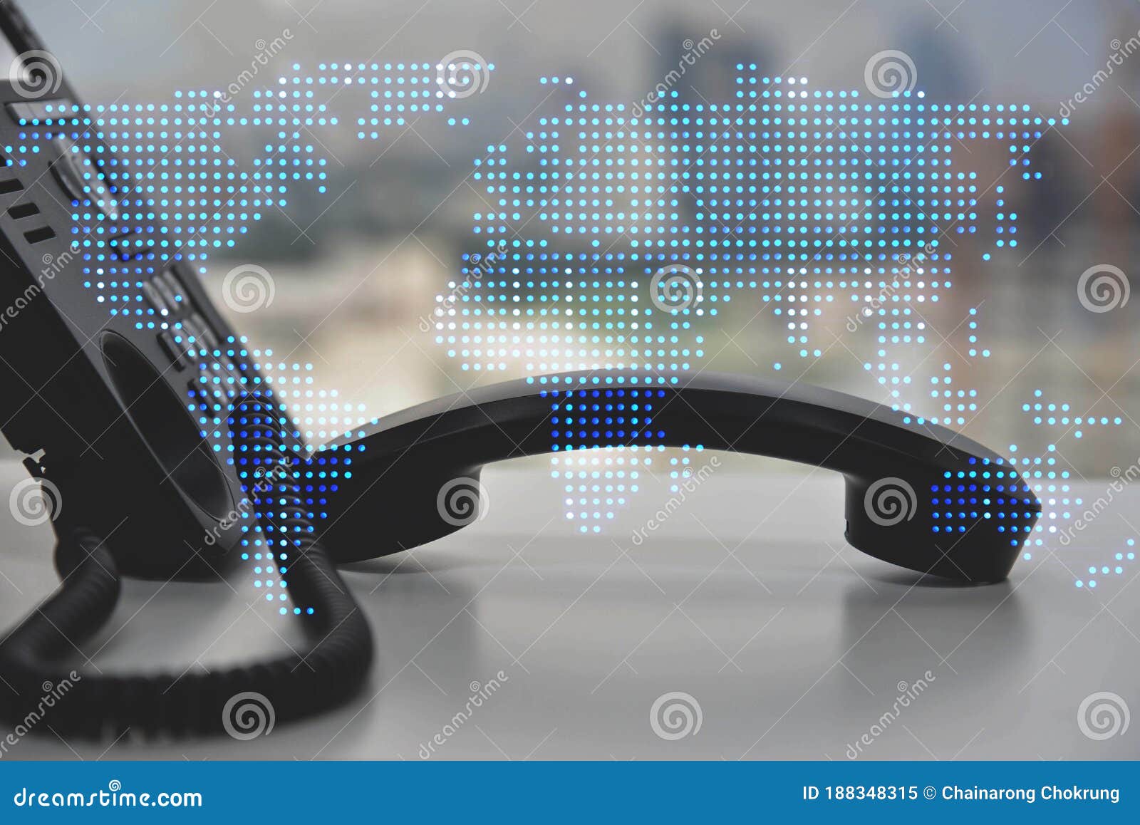 IP Phone Double Exposure of Blue LED World Map for Communication ...