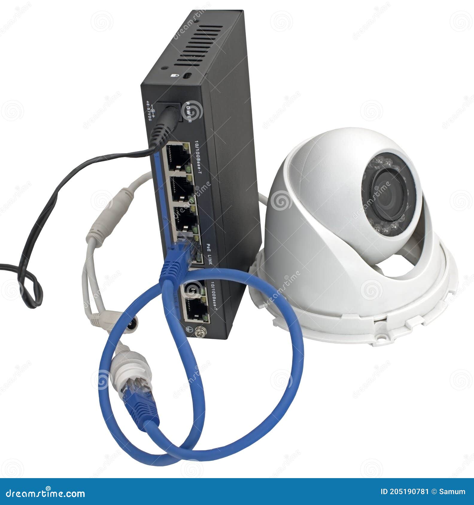 IP Security Camera, LAN Cables and Router on White Stock Image - Image ...