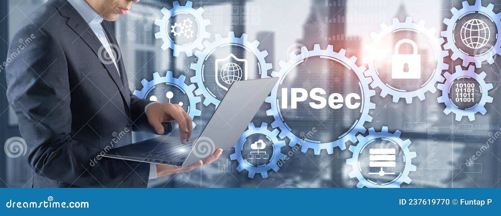 IP Security. Data Protection Protocols. Blue Technology Background ...