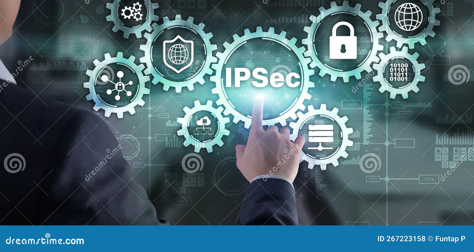 IP Security. Data Protection Protocols. Blue Technology Background ...