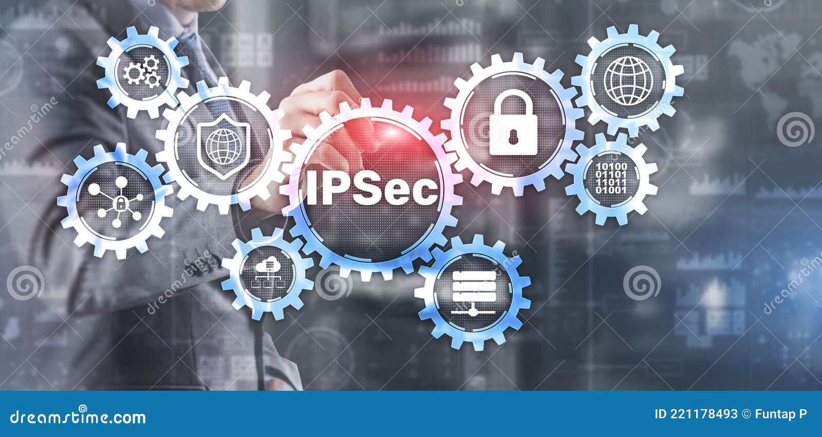 IP Security. Data Protection Protocols. Blue Technology Background ...