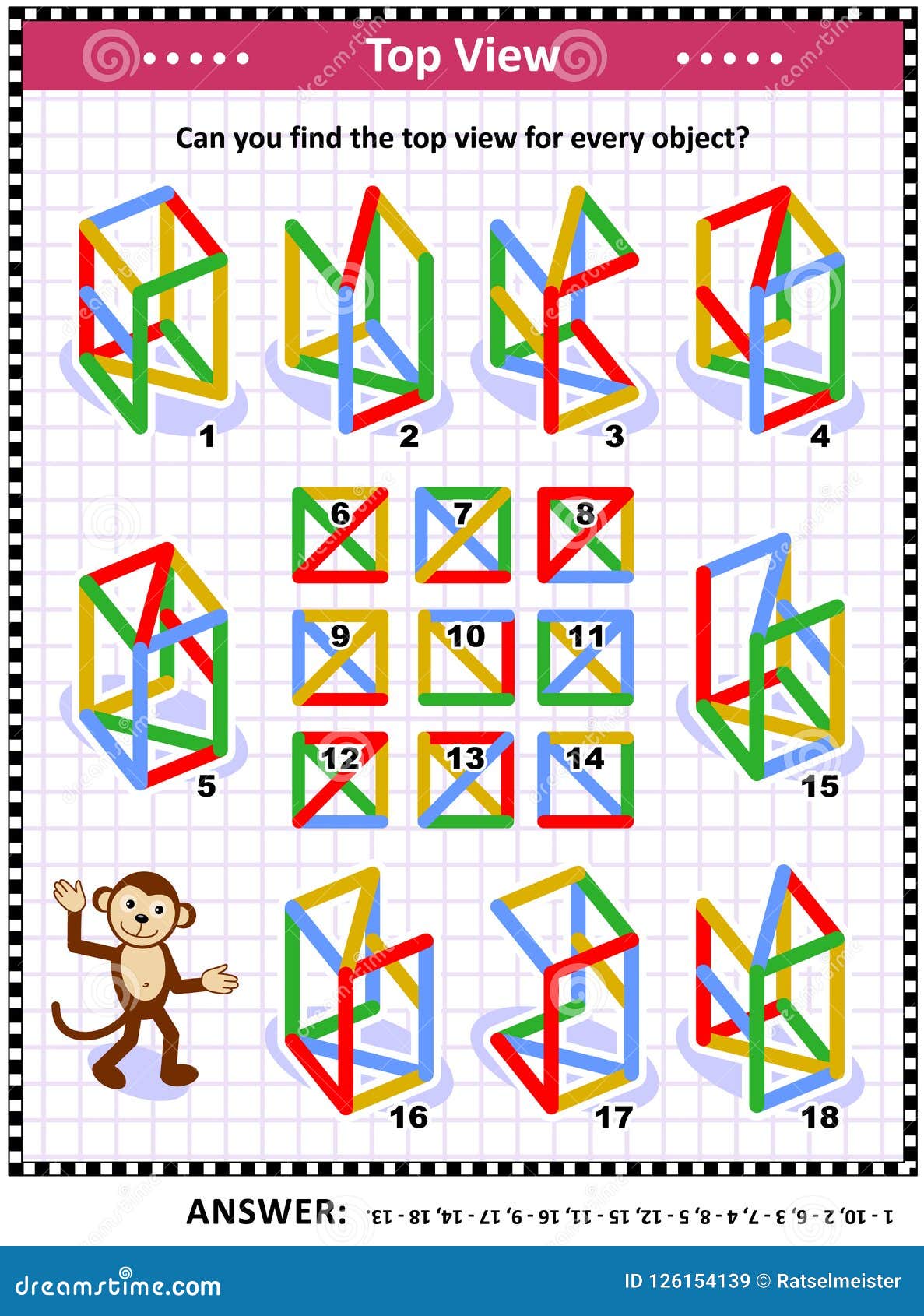 Visual Math Puzzle - Find the Top View for Colorful Wire Objects Stock ...