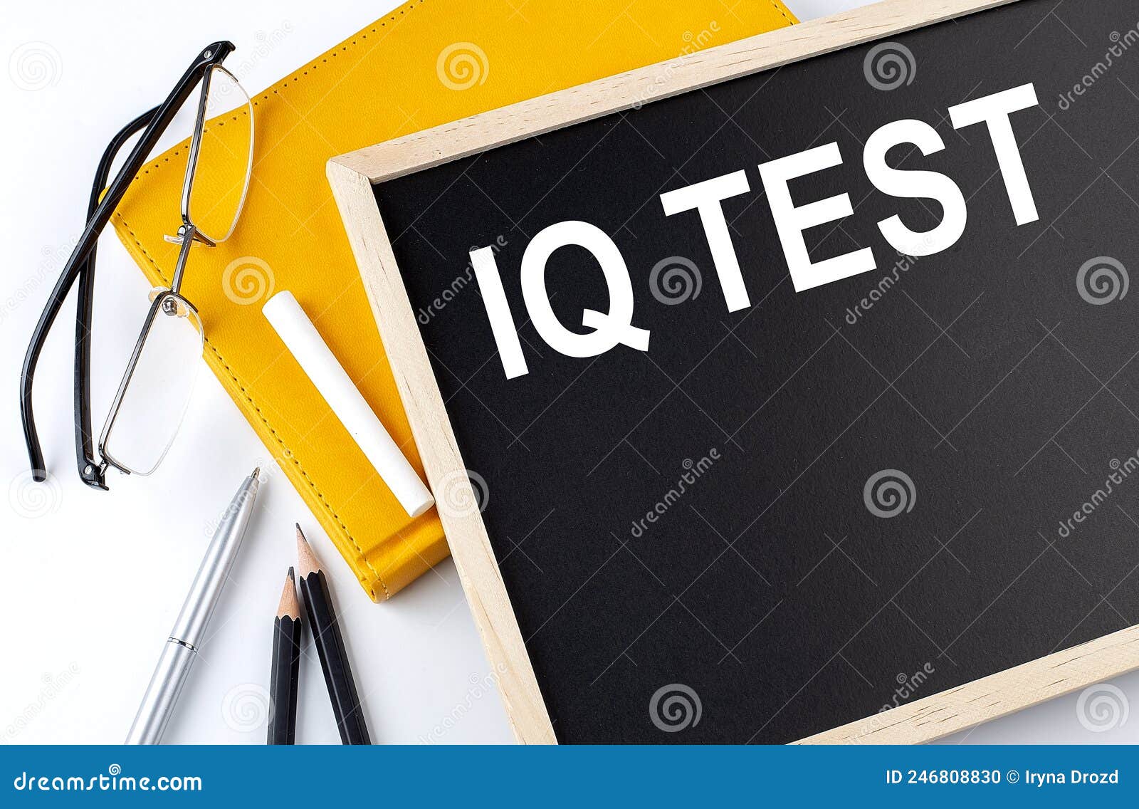IQ TEST Text on the Blackboard with Notepad , Pen, Pencil Stock Photo ...