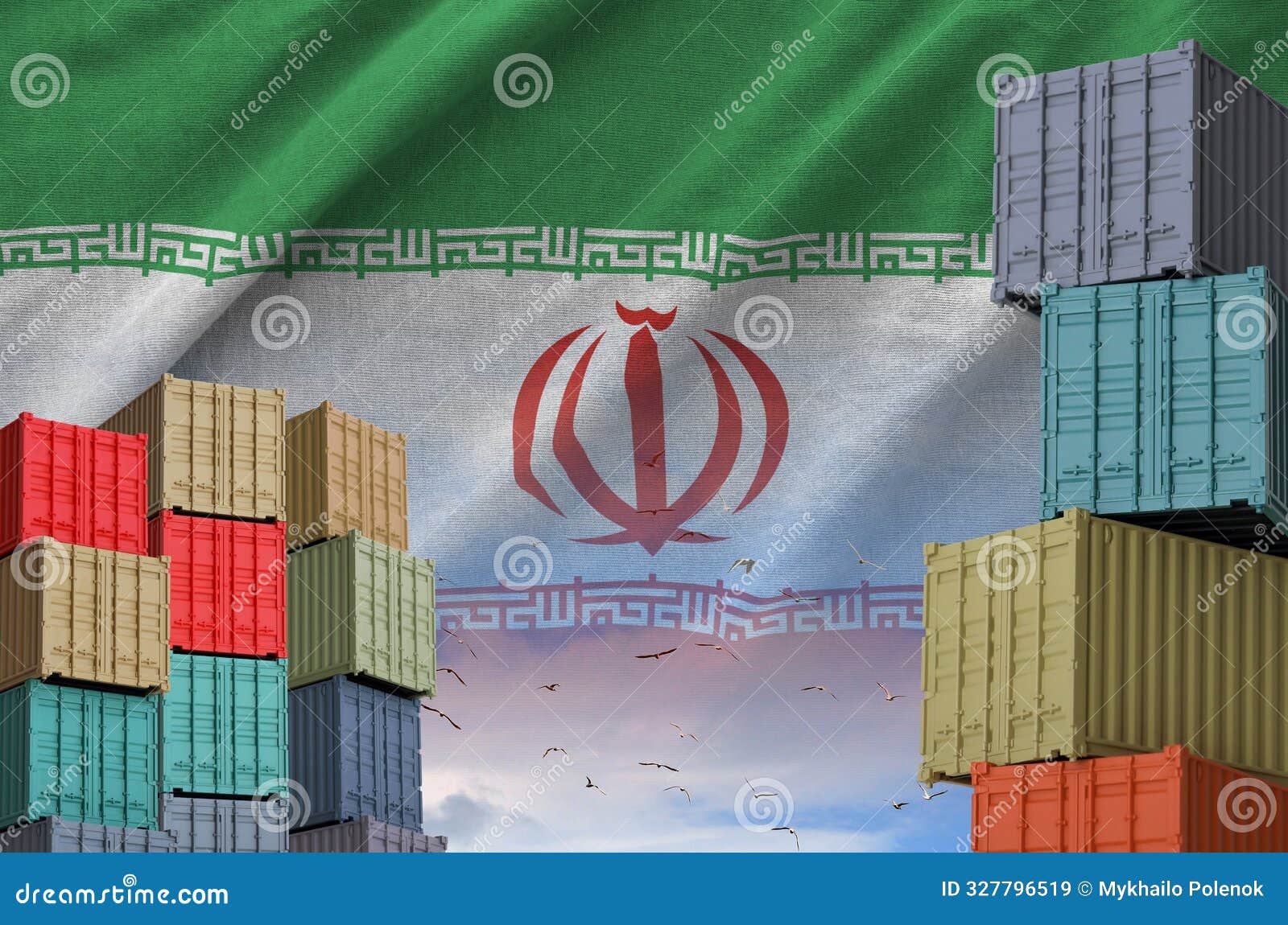 Iran Flag and Big Stack of Shipping Cargo Containers in Docks with Sky ...
