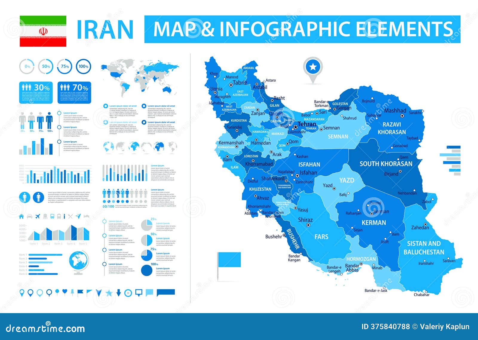 Iran Map And Infographic Design Elements. On Black Cartoon Vector ...