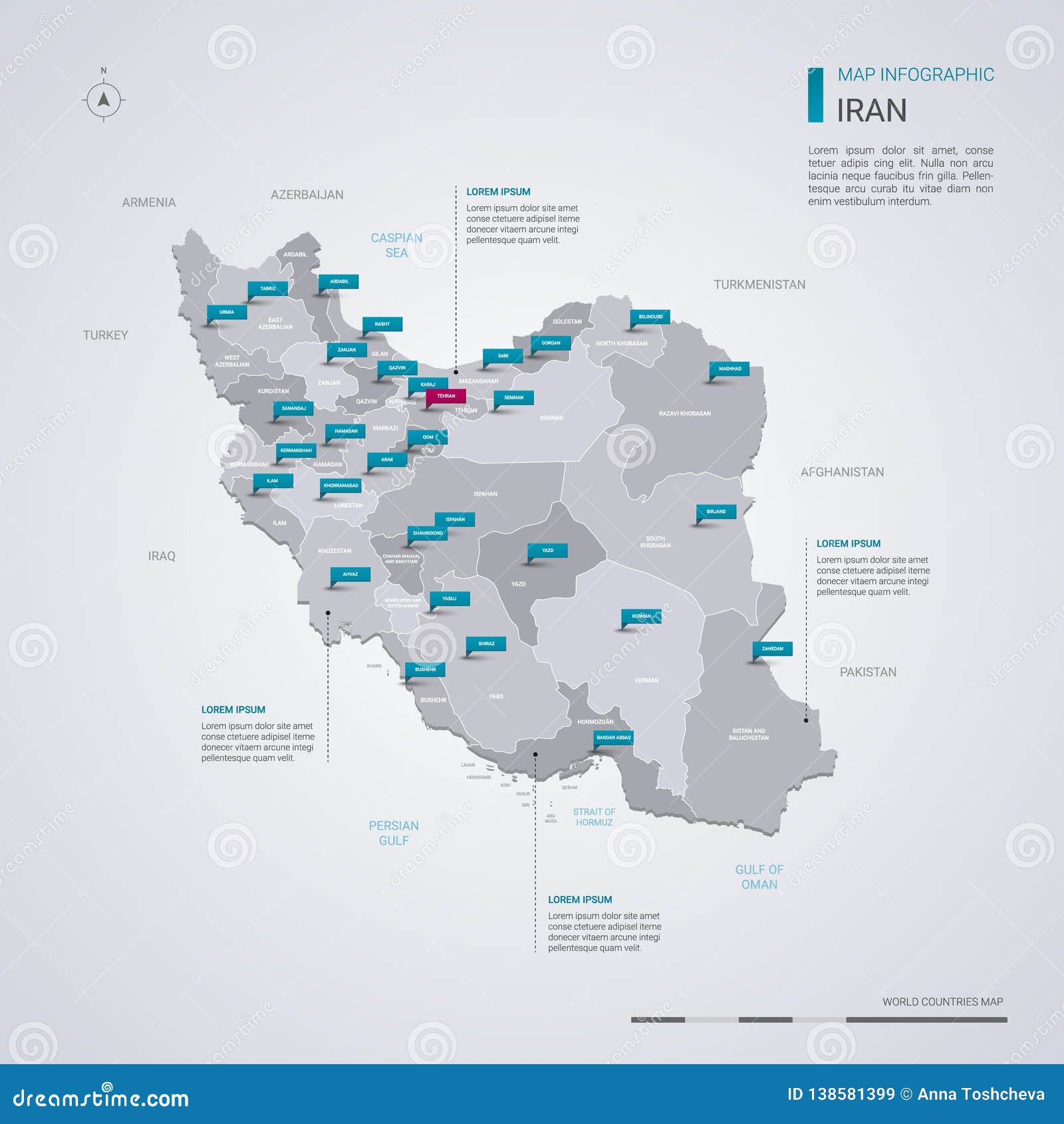 Iran Vector Map with Infographic Elements, Pointer Marks Stock Vector ...
