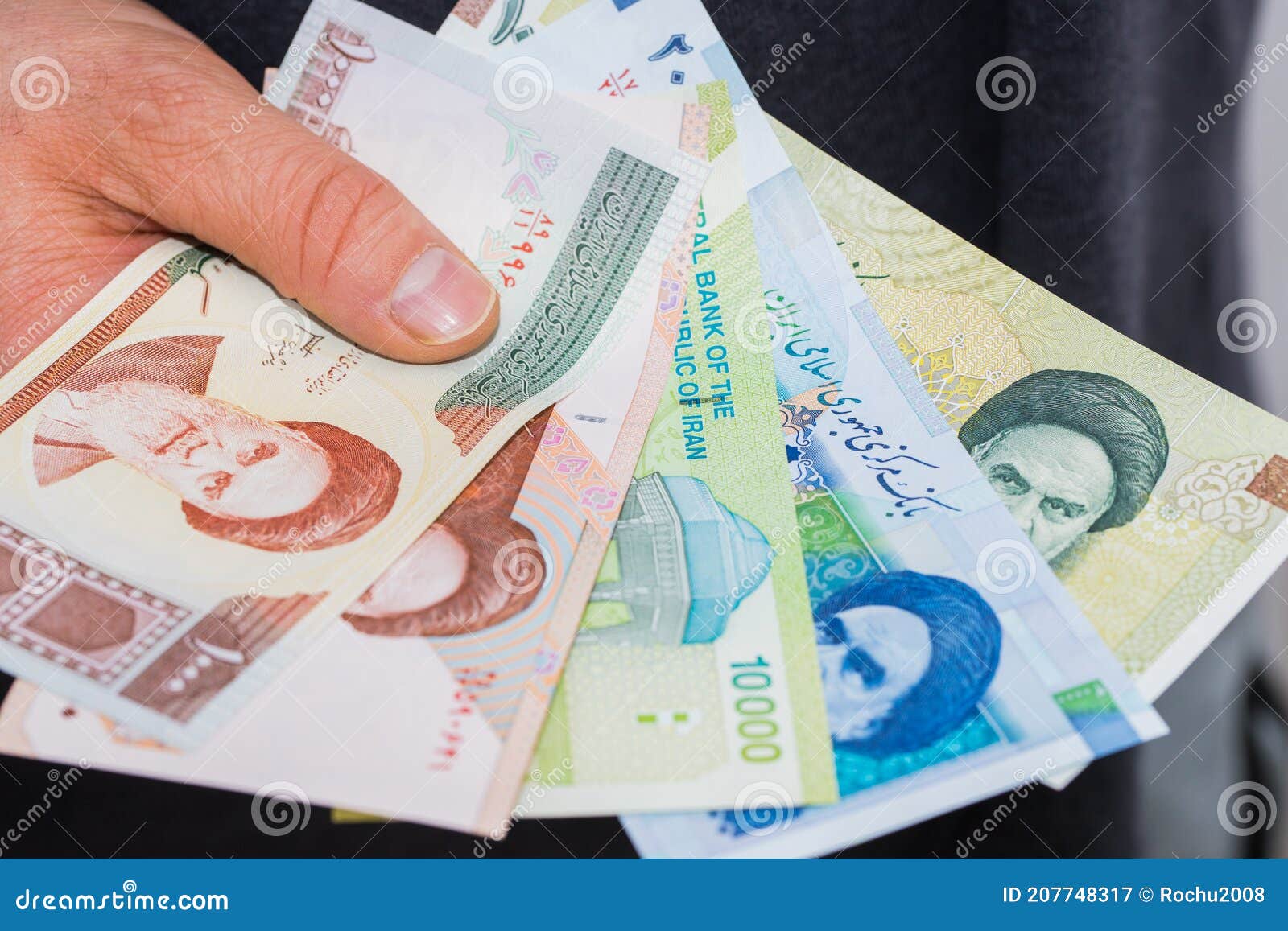 Iranian Bills, Riyal, Assorted Values, Money Spread Out and Held in the ...
