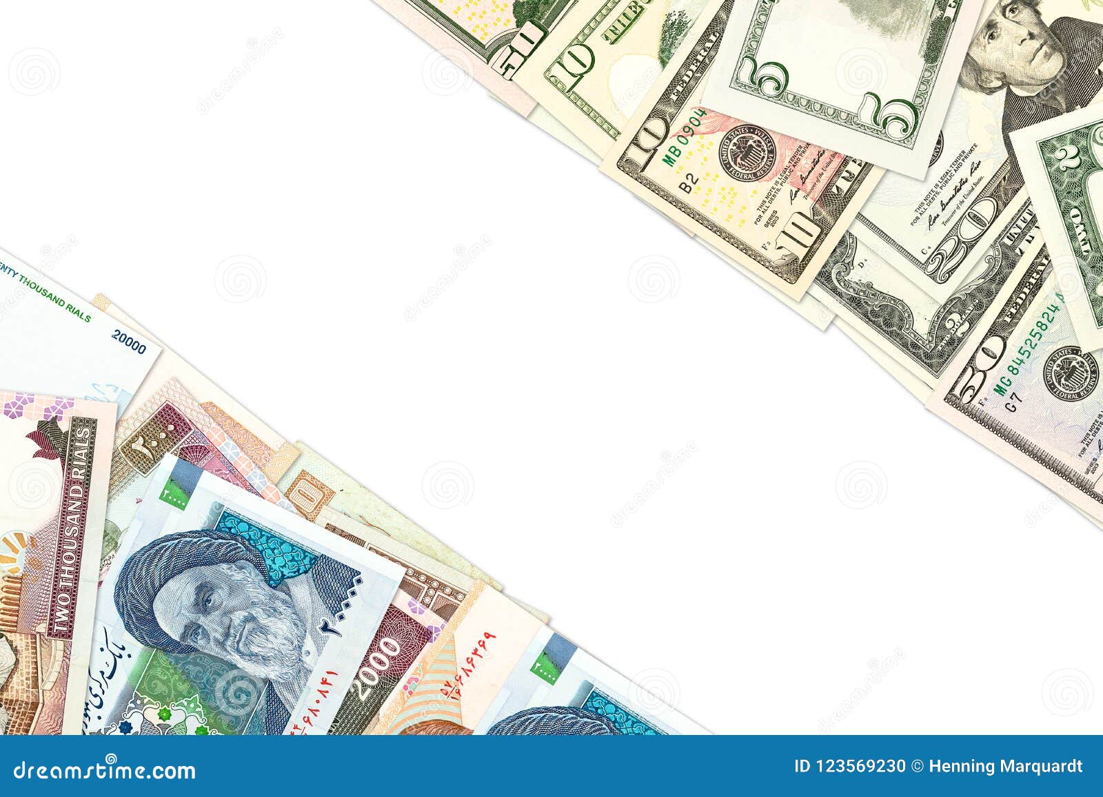 Iranian Rial and American Dollar Banknotes Stock Photo - Image of ...