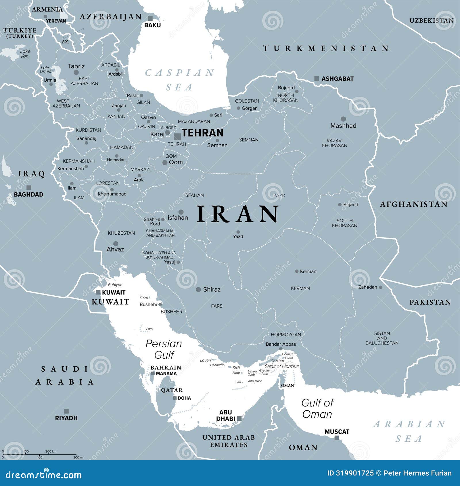 Iran with Provinces, Gray Political Map with Borders, and Major Cities ...