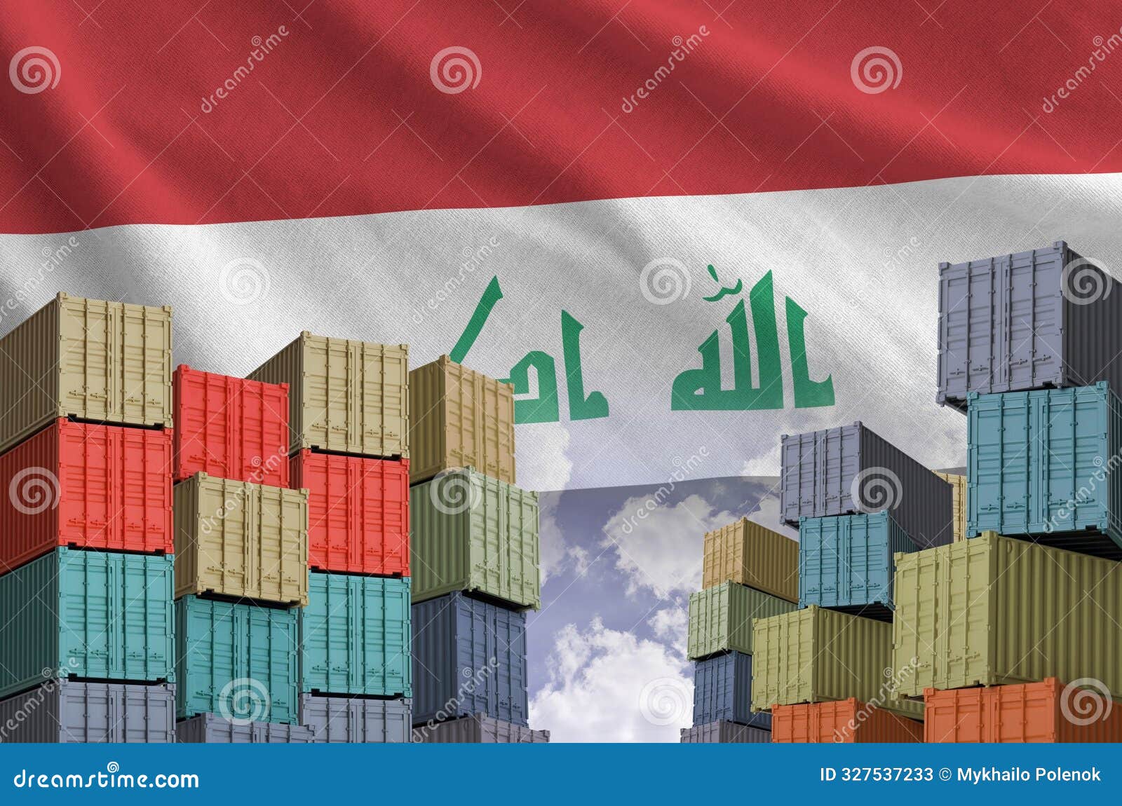 Iraq Flag and Big Stack of Shipping Cargo Containers in Docks with Sky ...