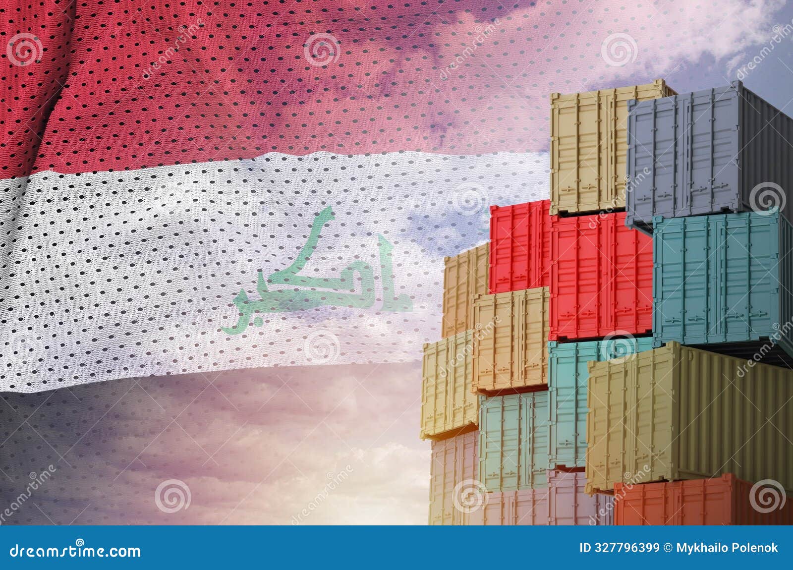 Iraq Flag and Big Stack of Shipping Cargo Containers in Docks with Sky ...