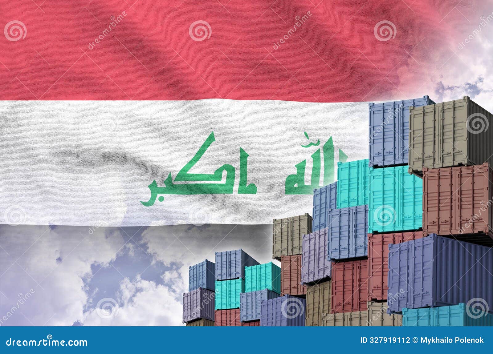 Iraq Flag and Big Stack of Shipping Cargo Containers in Docks with Sky ...