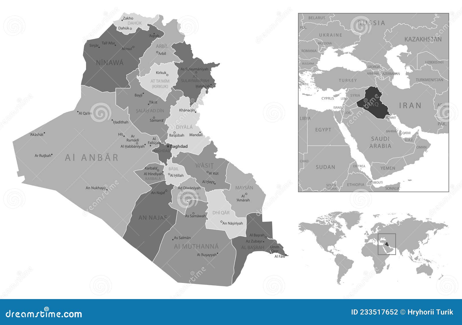 Iraq - Highly Detailed Black and White Map. Stock Vector - Illustration ...