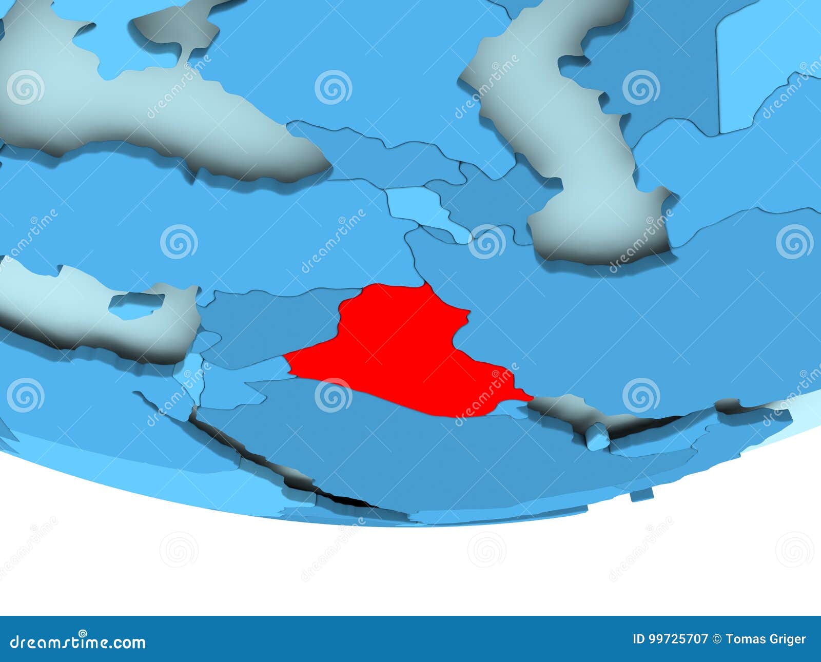 Iraq in red on blue map stock illustration. Illustration of globe ...