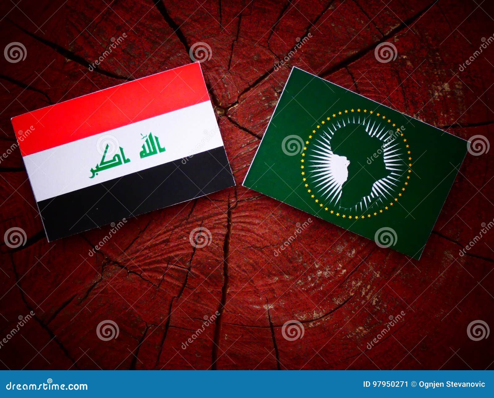 Iraqi Flag with African Union Flag on a Tree Stump Stock Image - Image ...