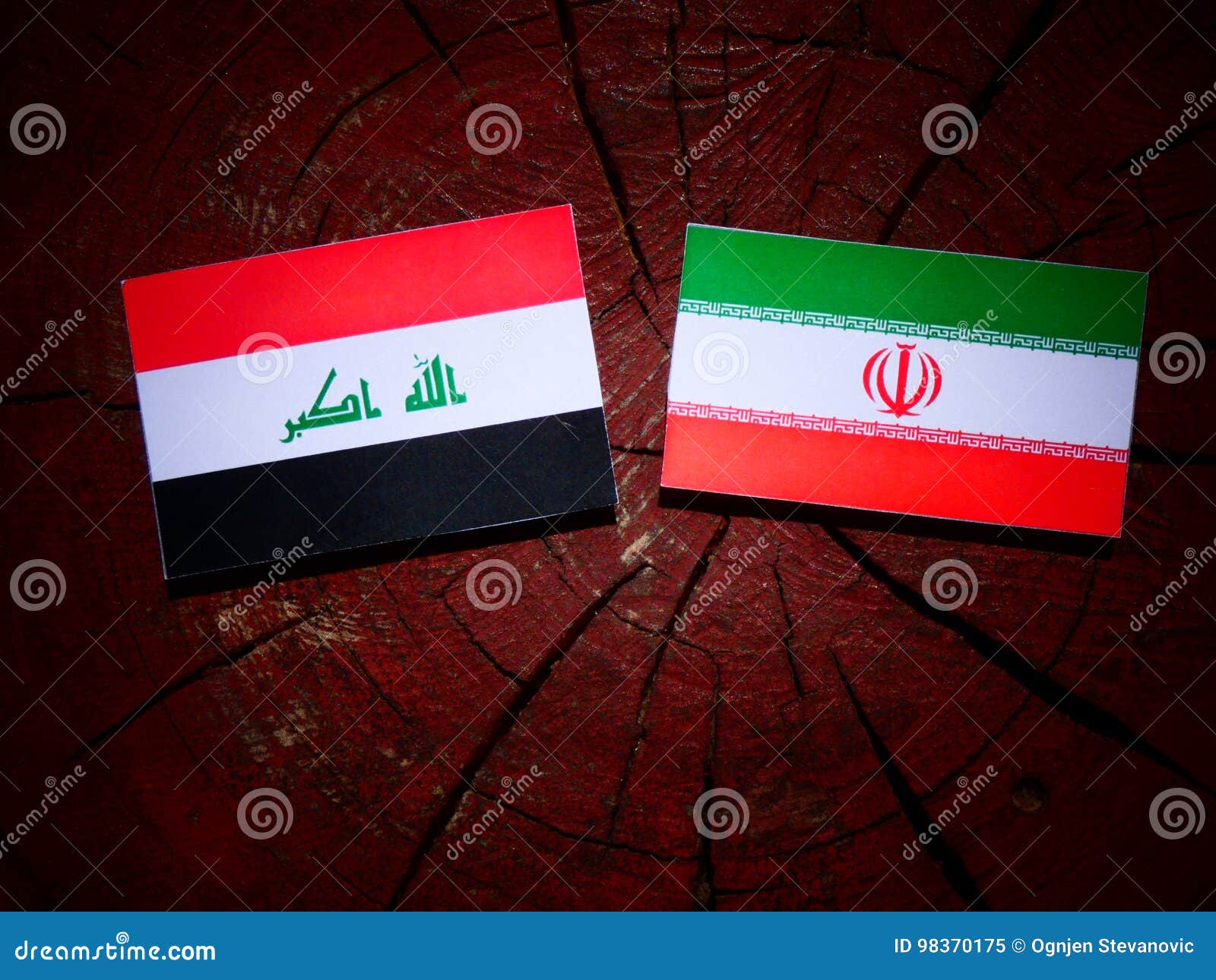 Iraqi Flag with Iranian Flag on a Tree Stump Isolated Stock Image ...