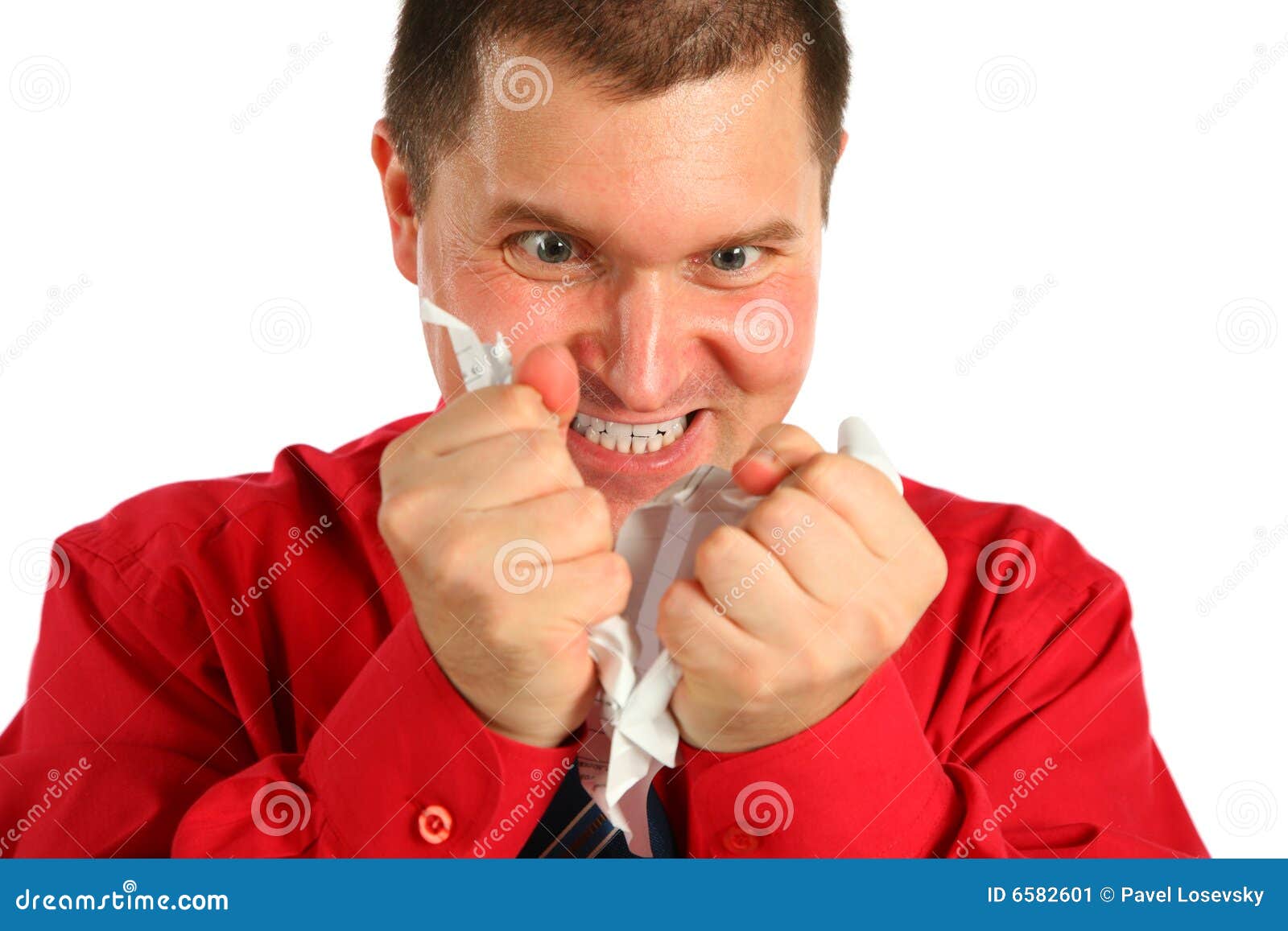 Irate Man in Red Shirt Rips Sheet of Paper Stock Image - Image of irate ...