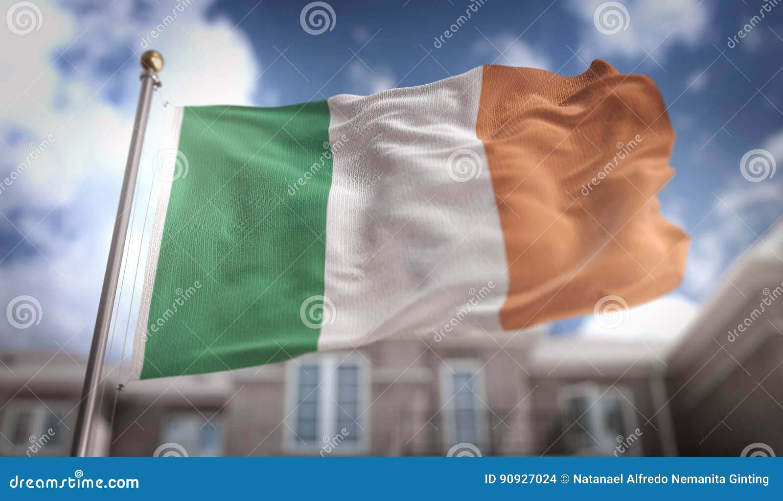 Ireland Flag 3D Rendering on Blue Sky Building Background Stock Photo ...