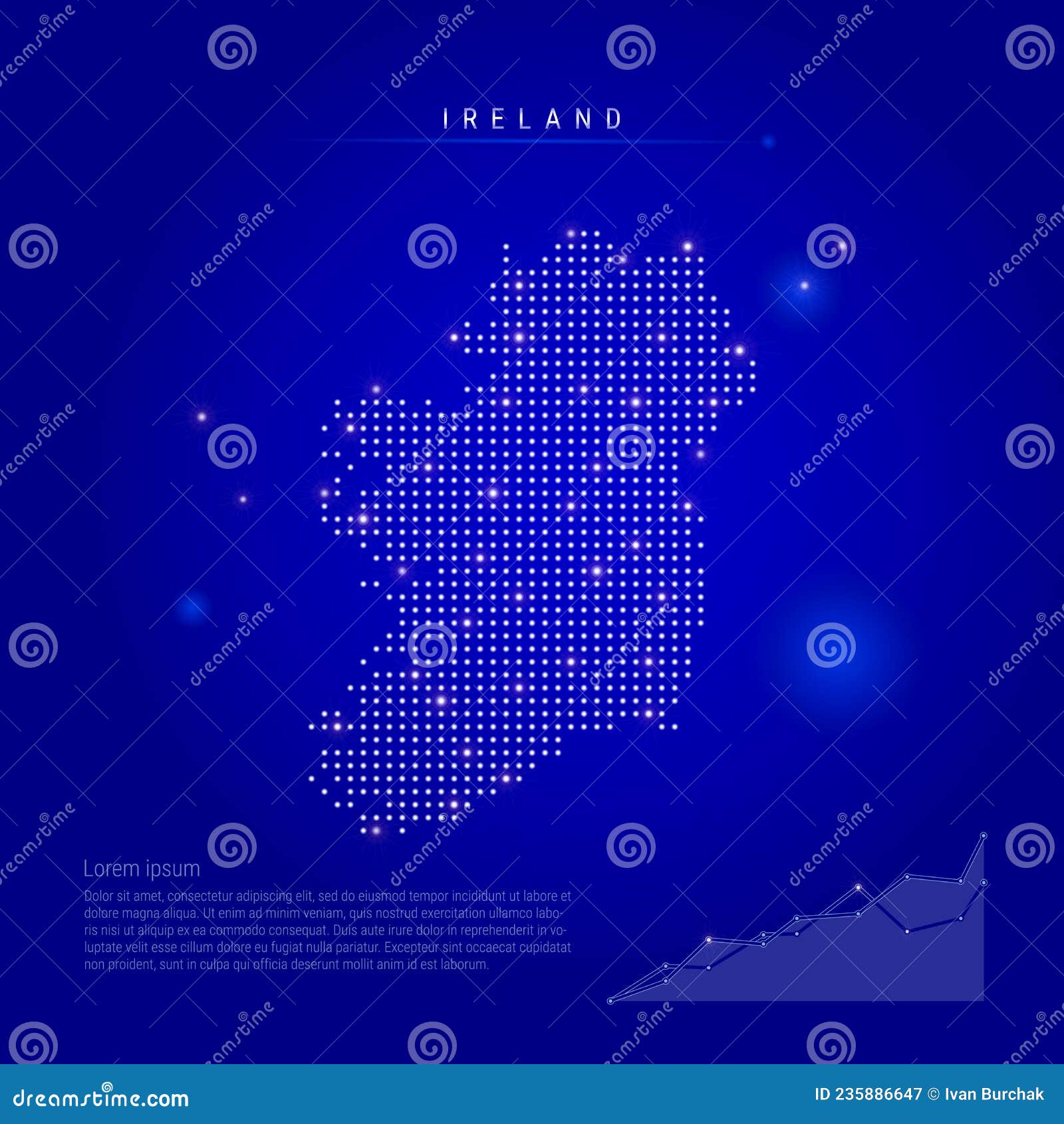 Ireland Illuminated Map with Glowing Dots. Dark Blue Space Background ...
