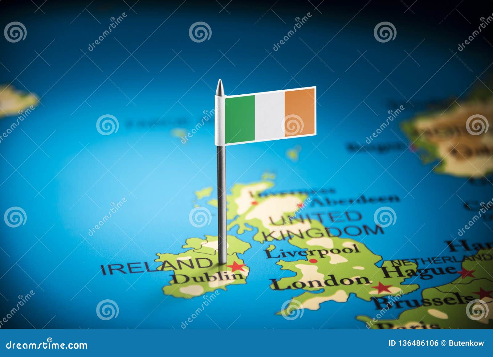 Ireland Marked with a Flag on the Map Stock Photo - Image of banner ...