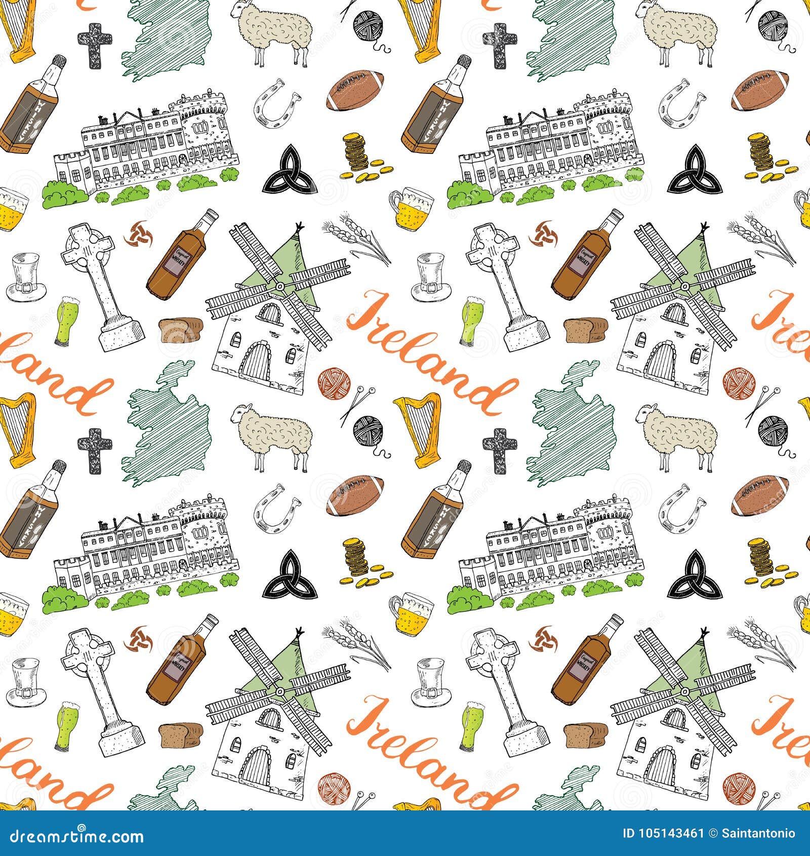 Ireland Sketch Doodles Seamless Pattern. Irish Elements Editorial Photo ...