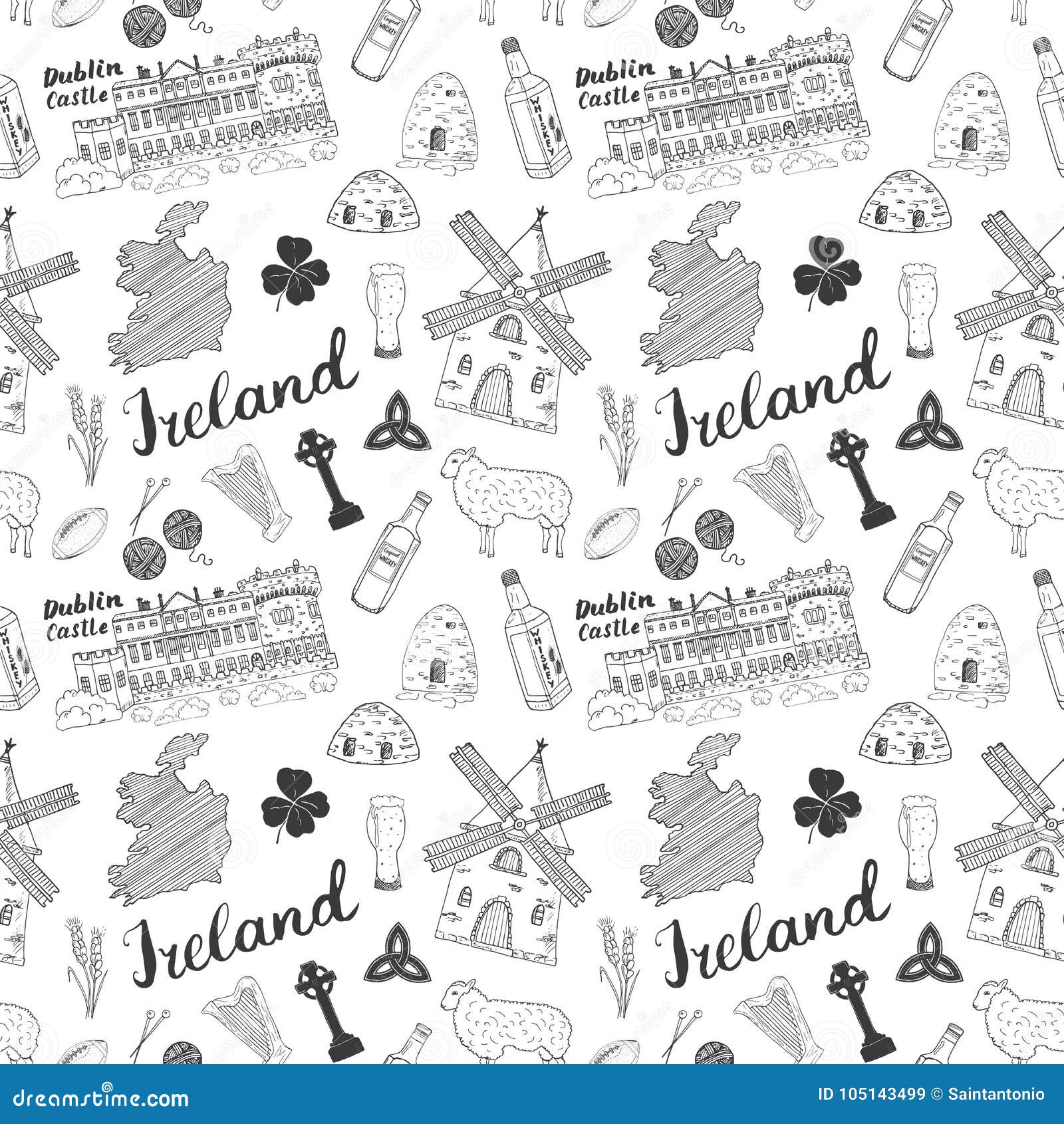 Ireland Sketch Doodles Seamless Pattern. Irish Elements Stock Vector ...