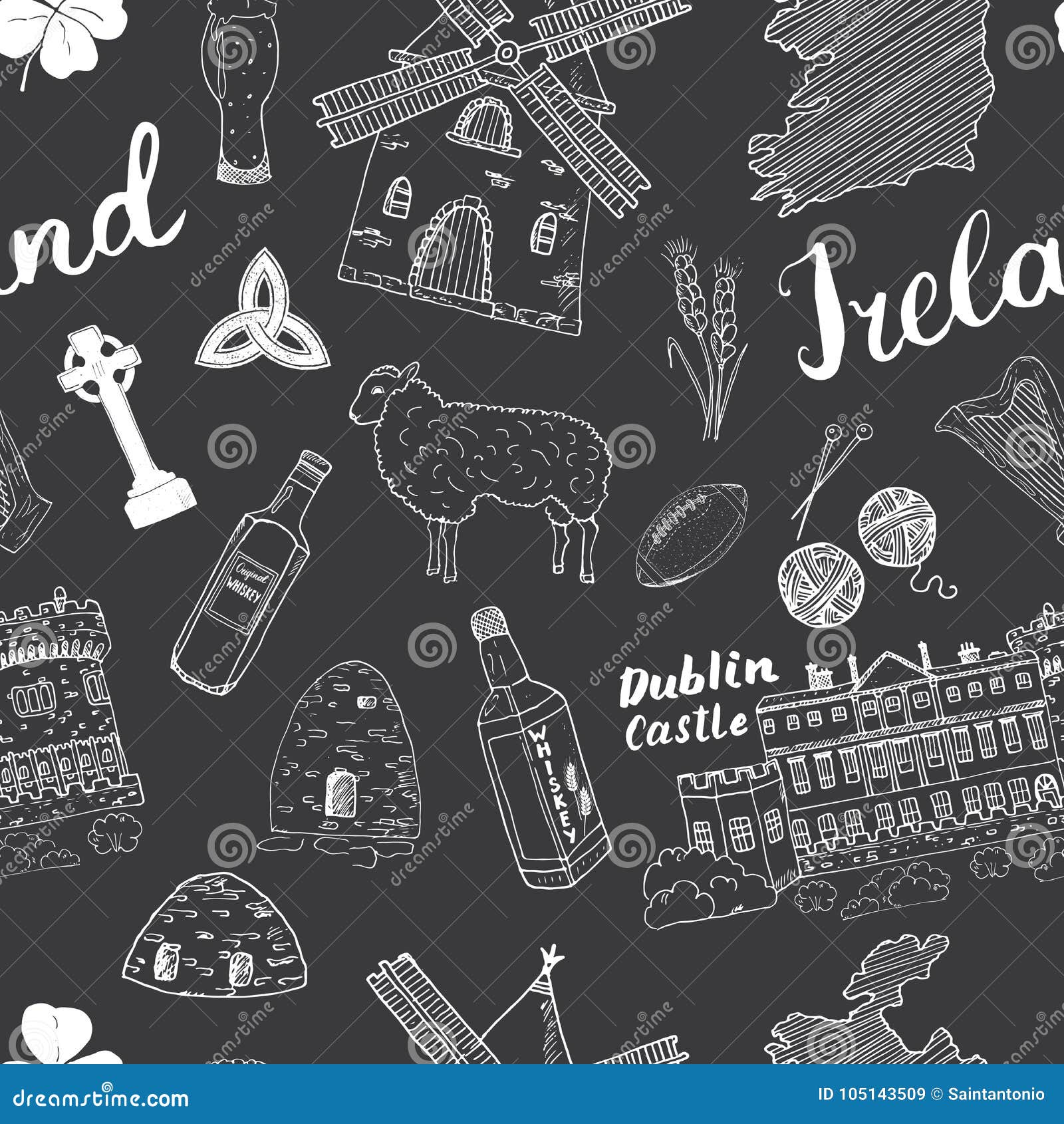 Ireland Sketch Doodles Seamless Pattern. Irish Elements Stock Vector ...