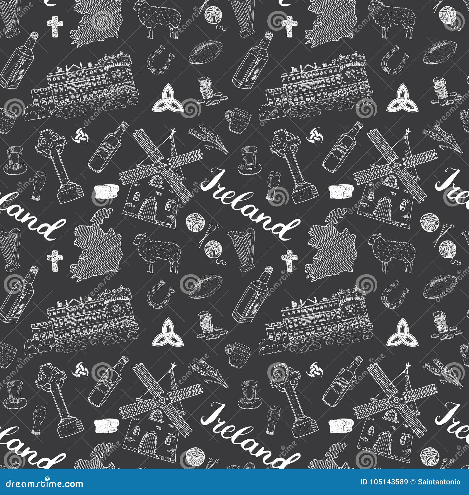 Ireland Sketch Doodles Seamless Pattern. Irish Elements Editorial Stock ...