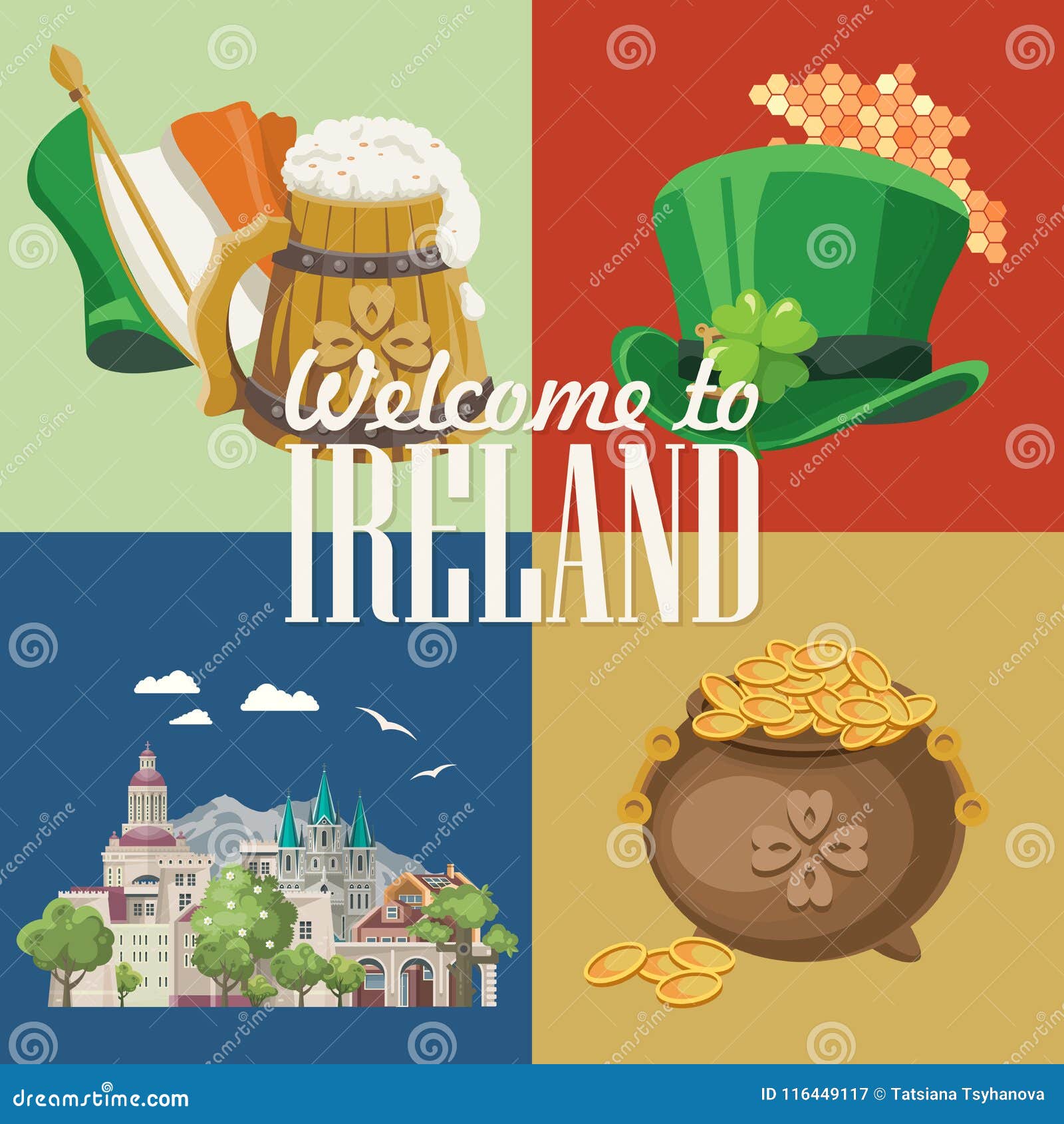 Ireland Vector Flat Style Set with Landmarks, Irish Castle, Green ...
