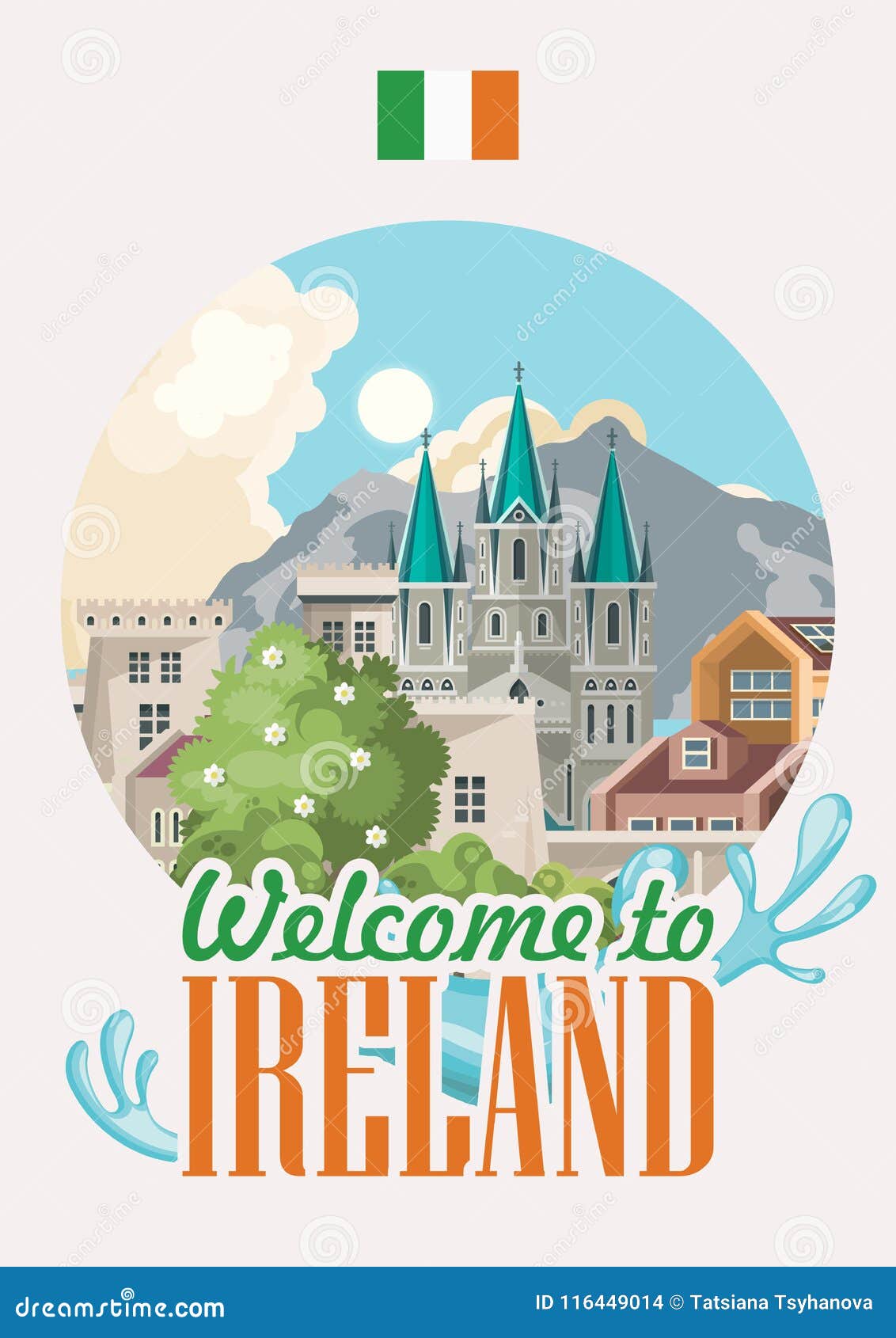 Ireland Vector Modern Template with Landmarks, Irish Castle, Green ...