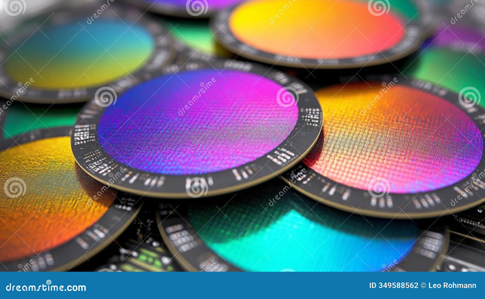 Iridescent Close Up of Silicon Wafers Stacked with Intricate Circuitry ...