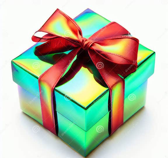 Iridescent Gift Box with Red Ribbon Stock Illustration - Illustration ...