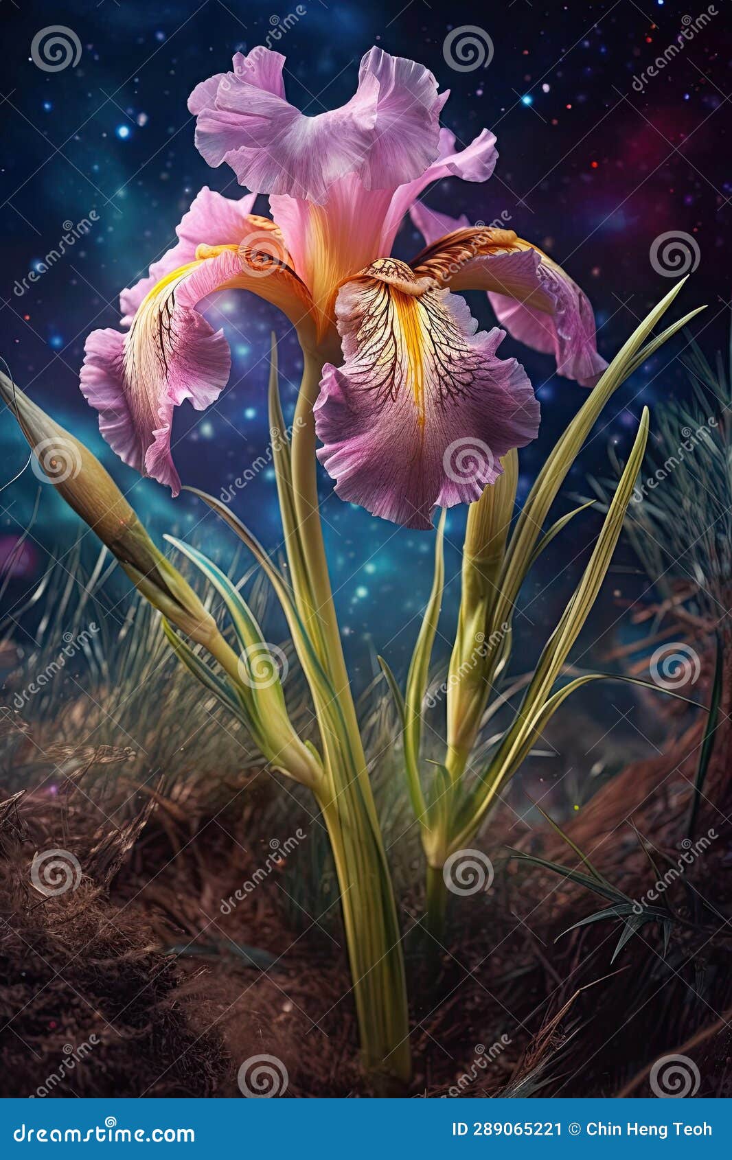 Iris Flower in Fantasy Landscape with Stars. Illustration Stock ...