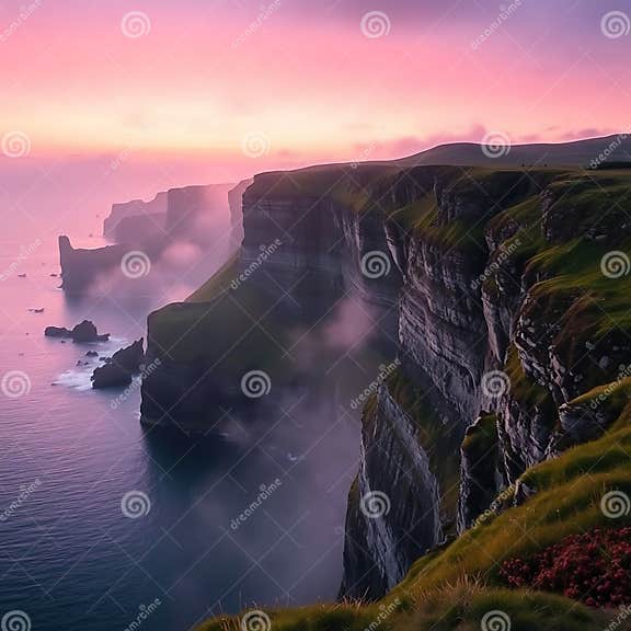Irish Cliffs with Mist and Pink Sky at Dawn Stock Illustration ...