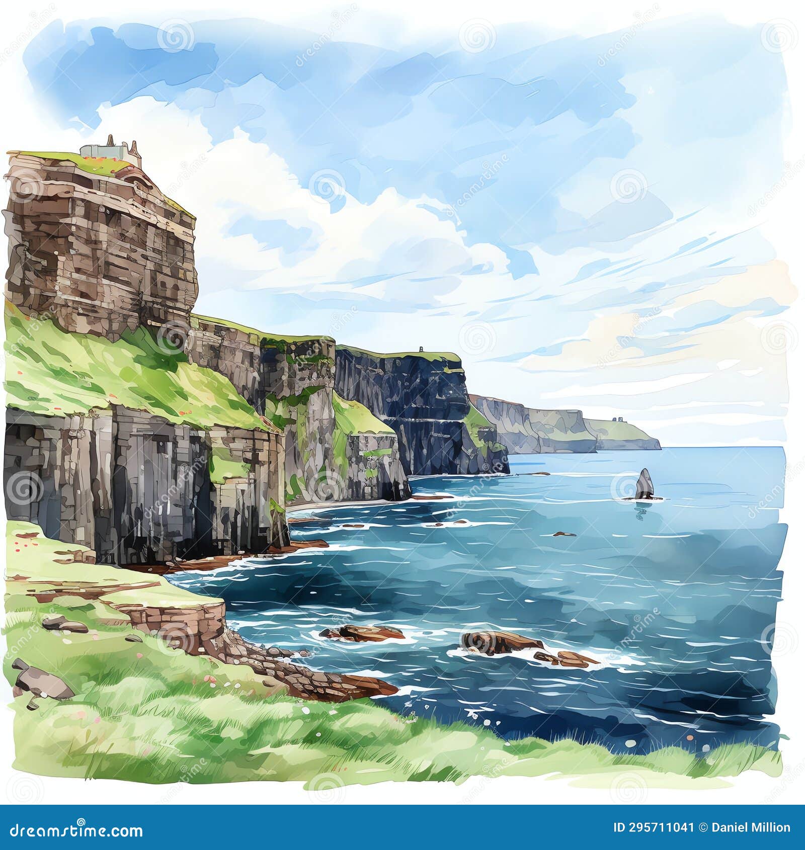 Irish Coastal Cliffs Watercolor Stock Illustration - Illustration of ...
