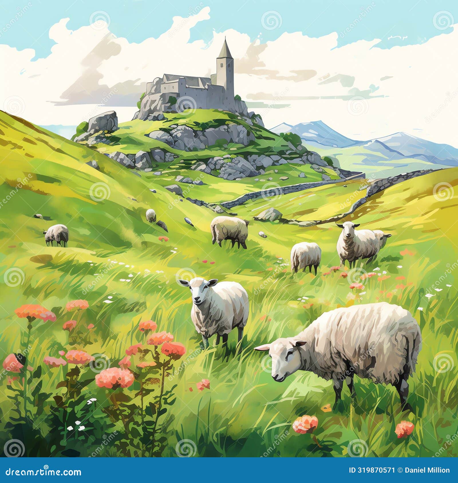 Irish Countryside with Sheep Watercolor Stock Illustration ...